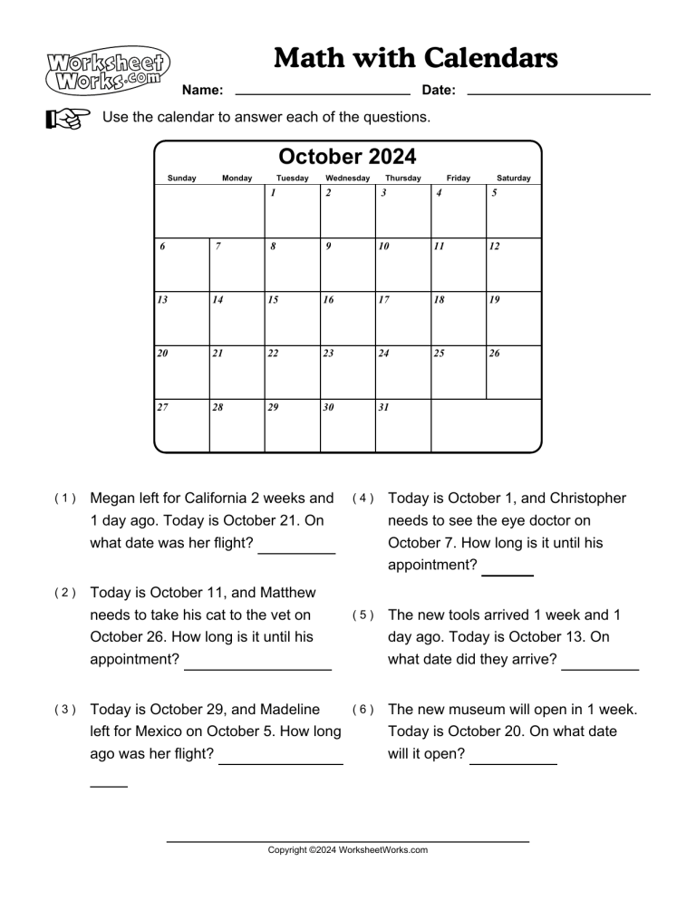 Calendar Math Worksheet: October 2024