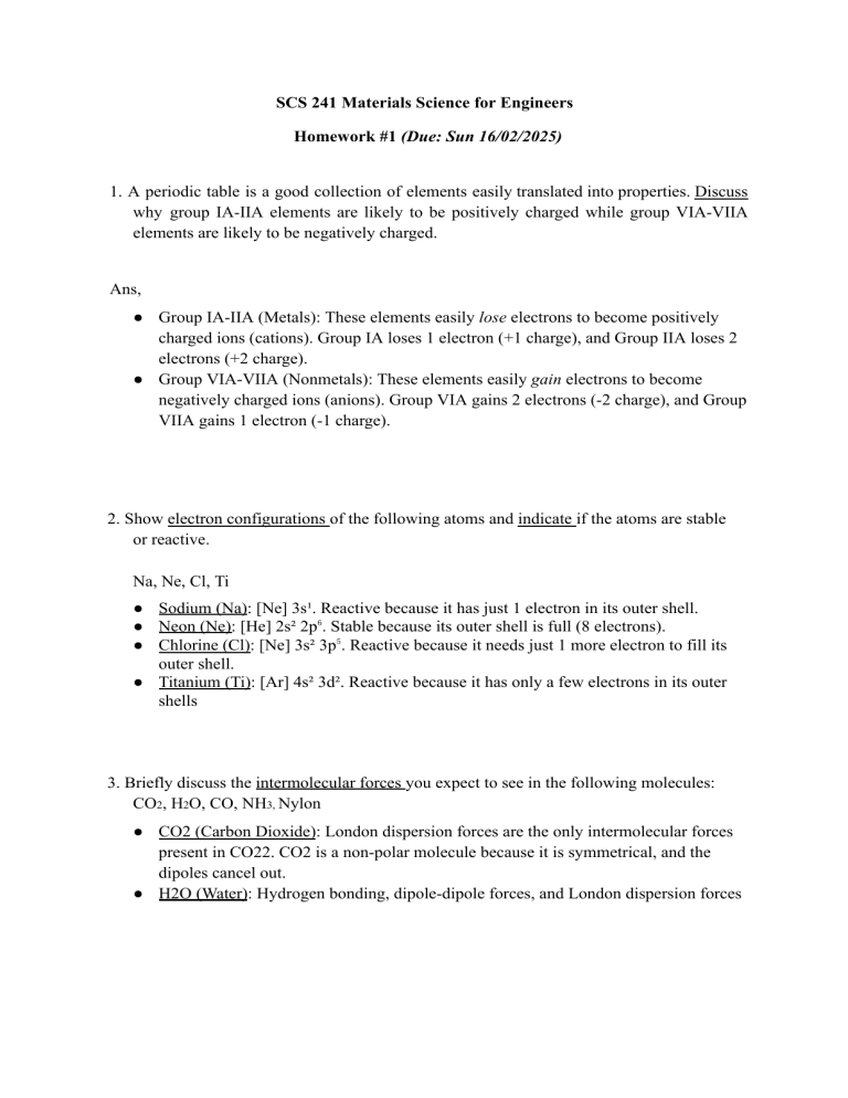 Materials Science Homework: Bonding, Structure, and Properties