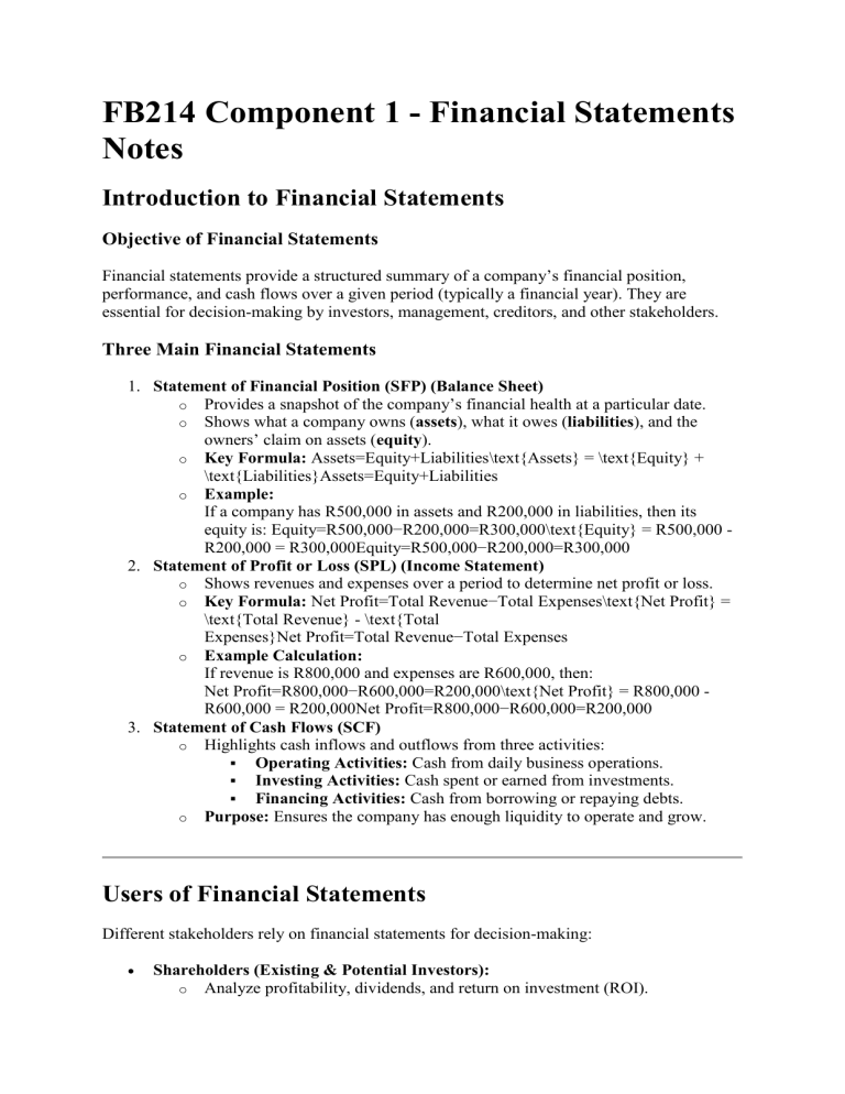 Financial Statements Notes: SFP, SPL, SCF Explained