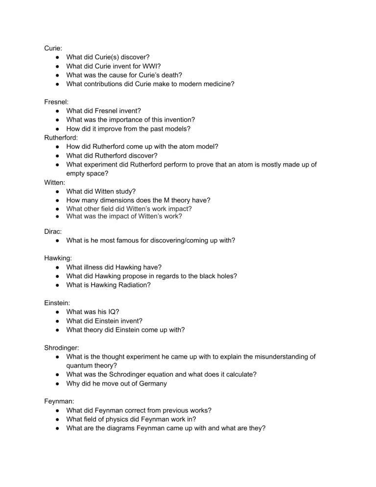 Physics Study Guide: Scientists and Their Discoveries