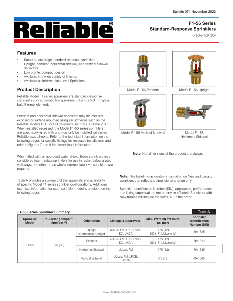 Reliable F1-56 Sprinklers: Specs & Approvals