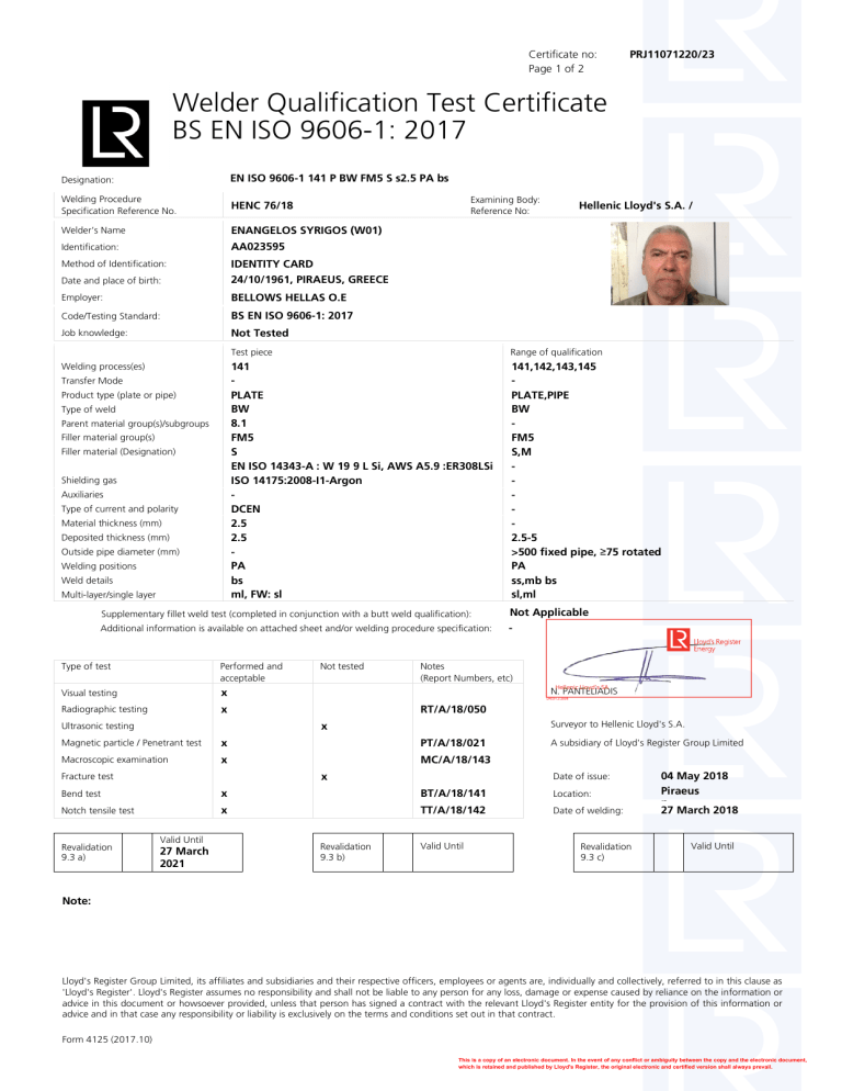 Welder Qualification Certificate BS EN ISO 9606-1:2017