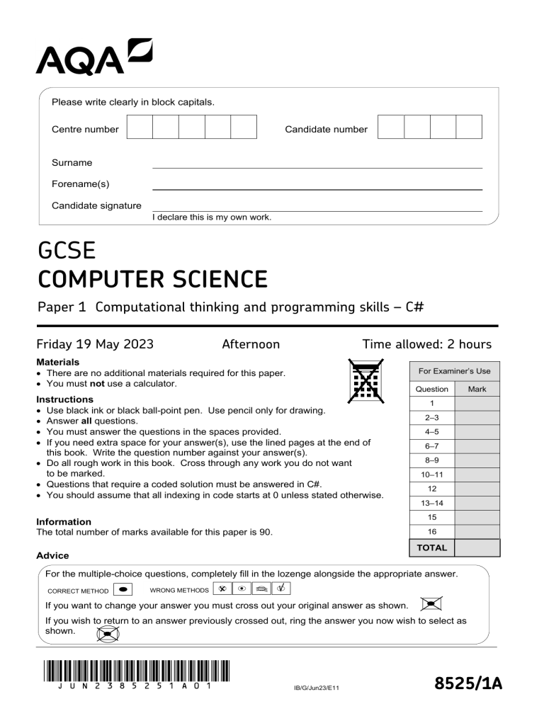 GCSE Computer Science Exam: C# Programming Skills