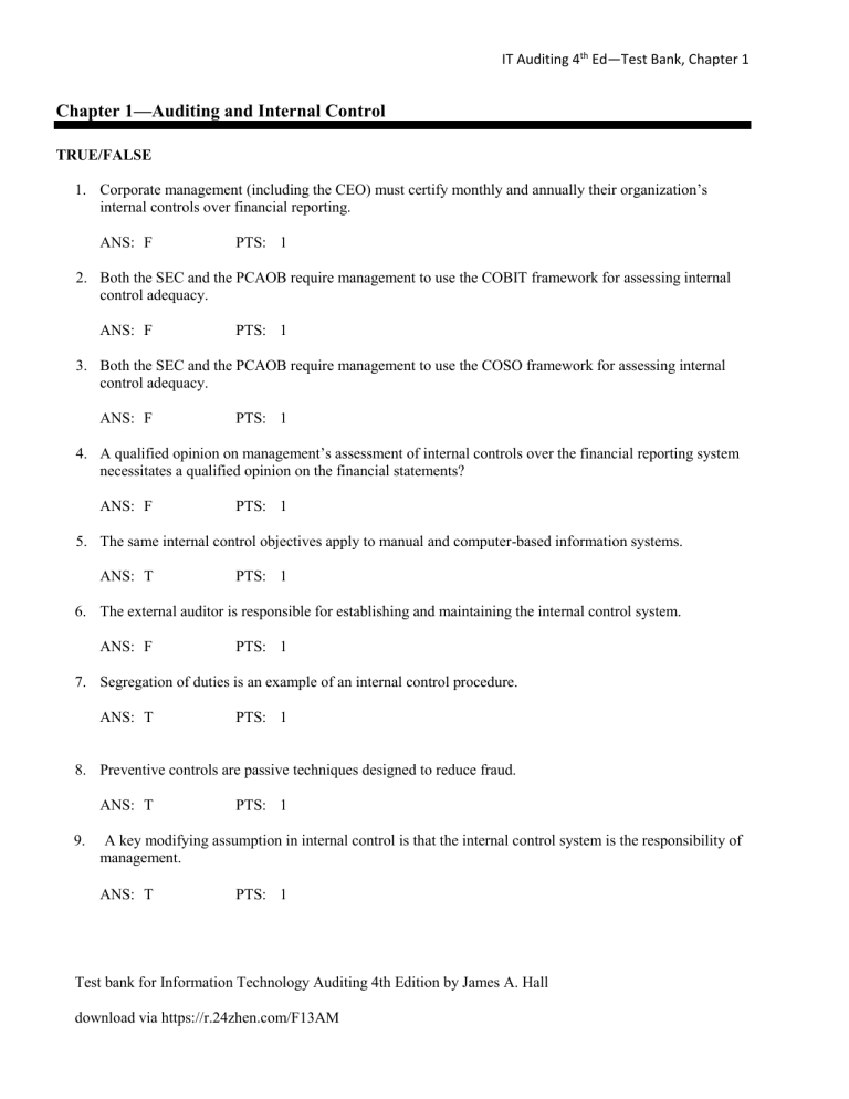 IT Auditing: Internal Control Test Bank - Chapter 1