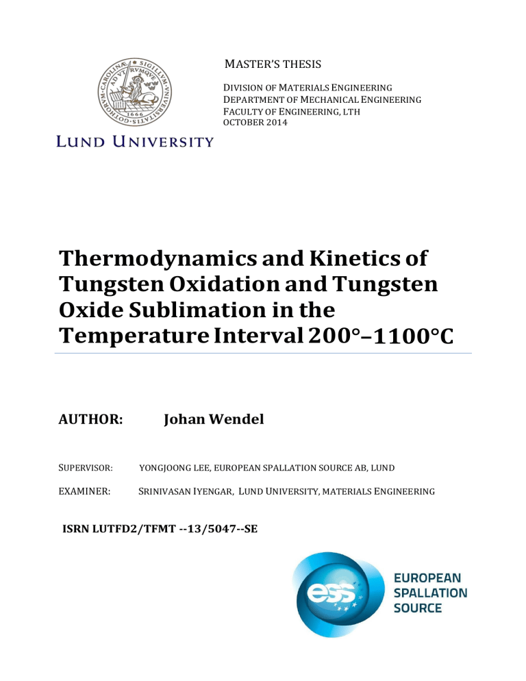 Tungsten Oxidation & Sublimation: Thermodynamics & Kinetics