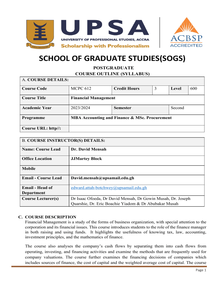 Financial Management Course Outline (Postgraduate)