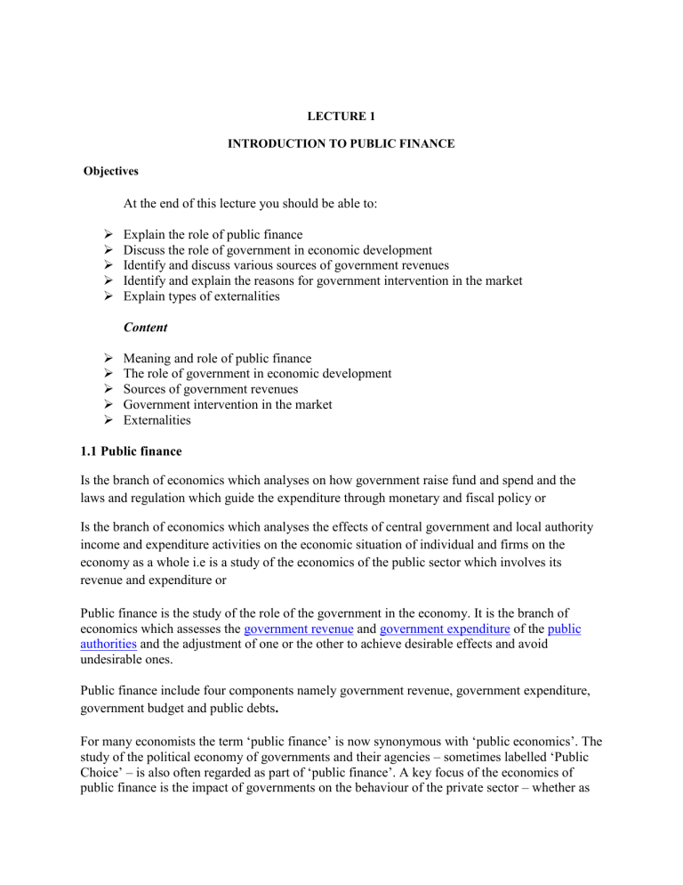 Public Finance: Intro, Gov Role, Revenue, Externalities
