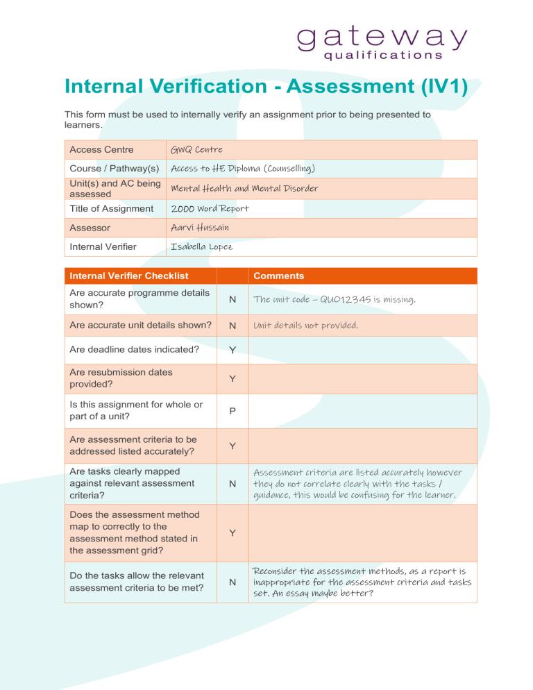 Internal Verification: Mental Health Assignment Checklist