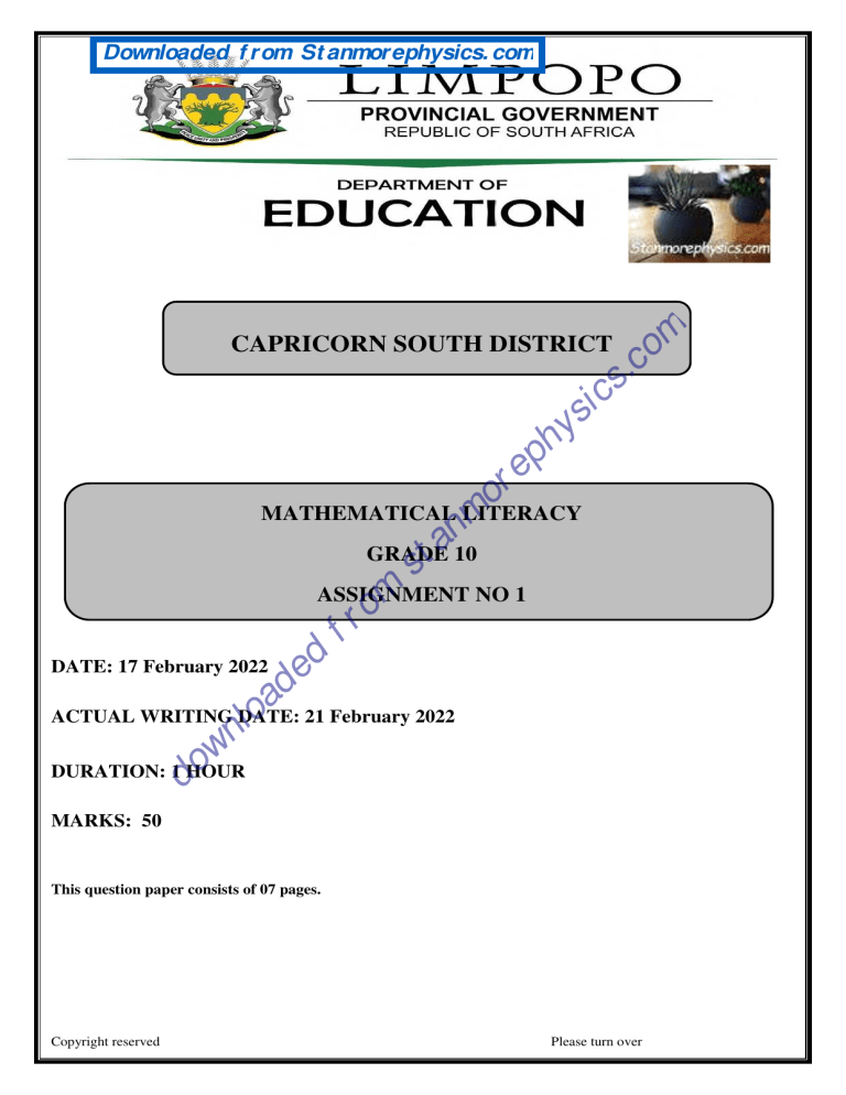 Grade 10 Mathematical Literacy Assignment - Ratios & Proportions