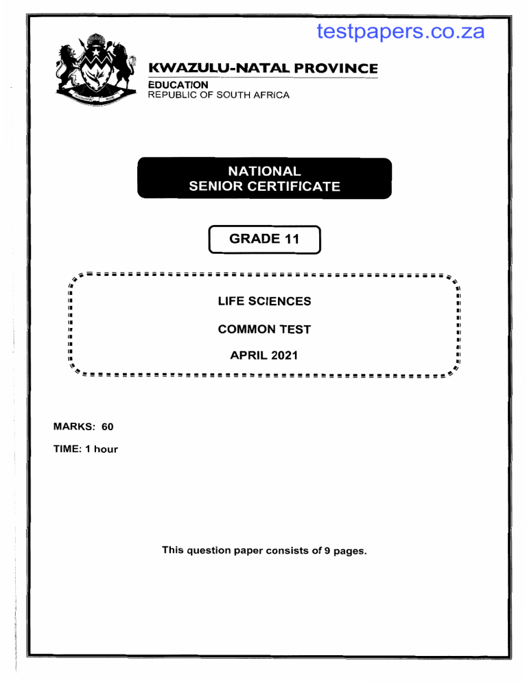 Grade 11 Life Sciences Test Paper - April 2021