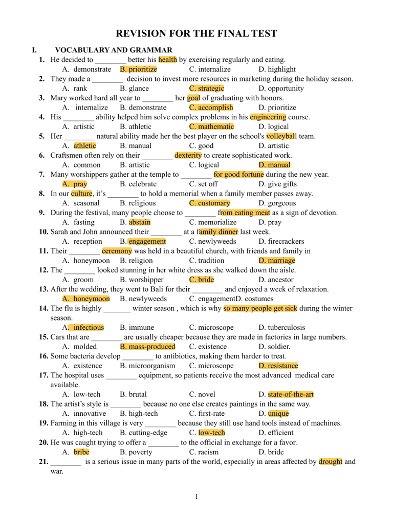 English Vocabulary & Grammar Revision Test