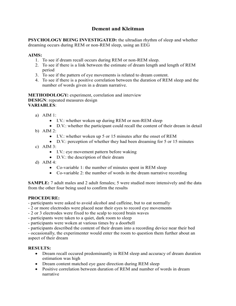 Psychology Experiments: Dement, Hasset, Holzel Study Notes