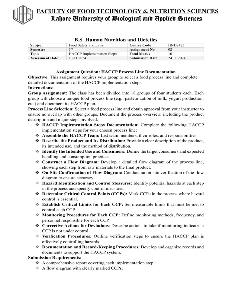 HACCP Implementation Assignment: Food Safety & Laws