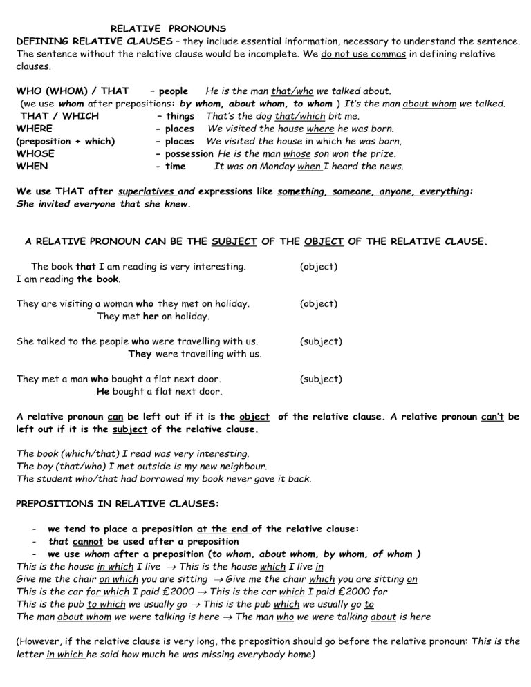 Relative Pronouns: Defining & Non-Defining Clauses