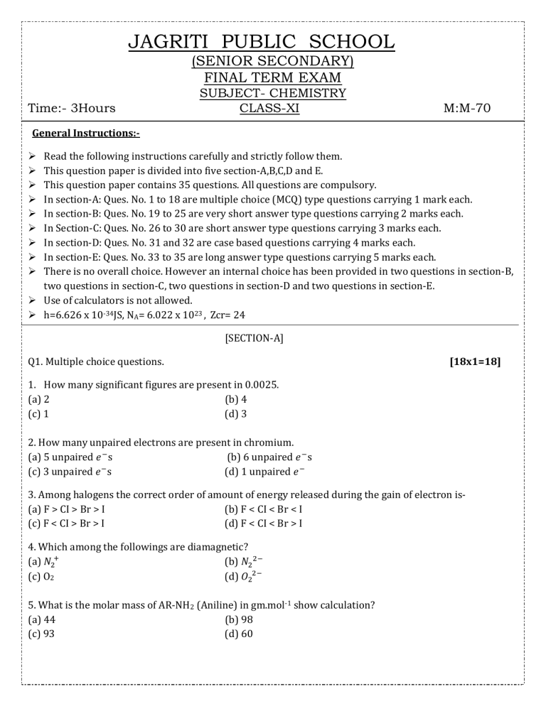 Class XI Chemistry Final Term Exam Paper