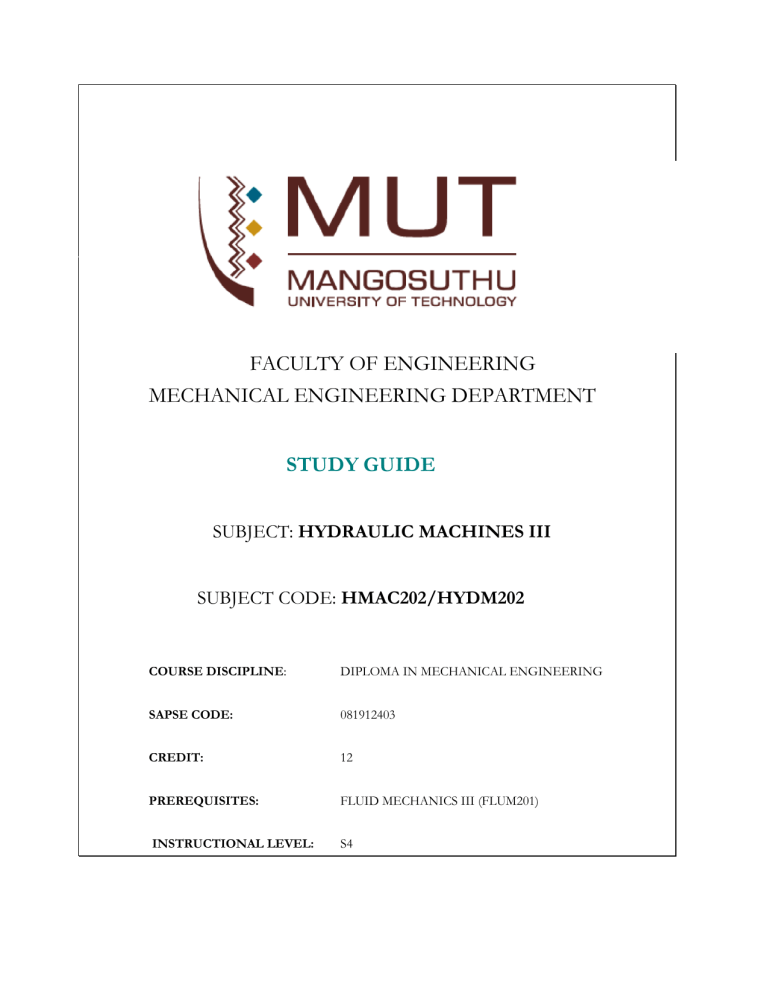 Hydraulic Machines III Study Guide - Mechanical Engineering
