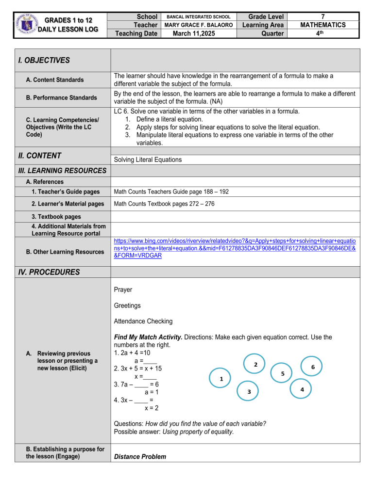 7th Grade Math: Solving Literal Equations Lesson Plan
