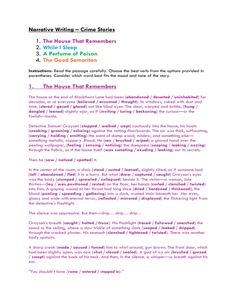 Crime Story Narrative Writing: Verb Choice Worksheet