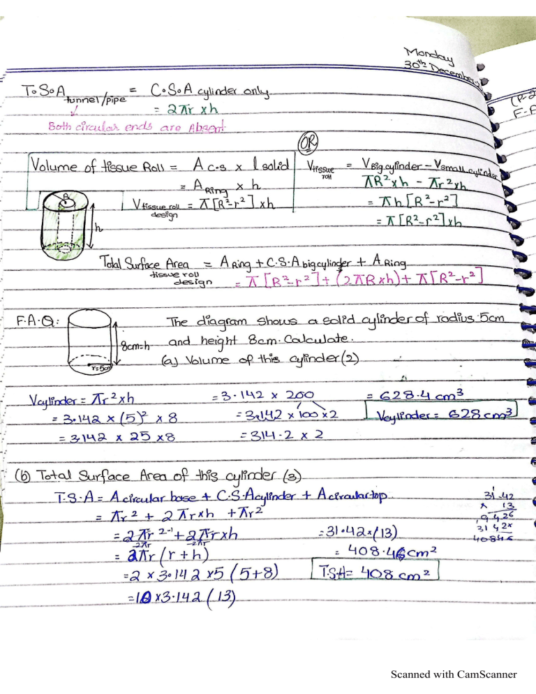Cylinder Volume & Surface Area Calculations - Geometry Notes