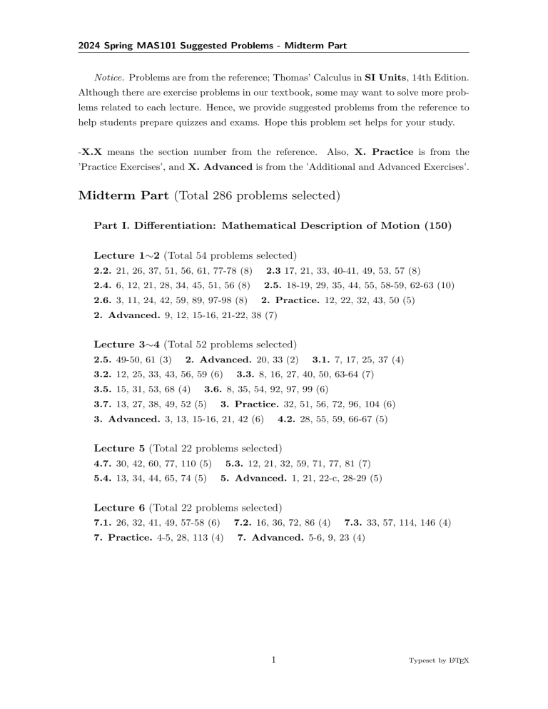 MAS101 Suggested Problems: Calculus & Motion