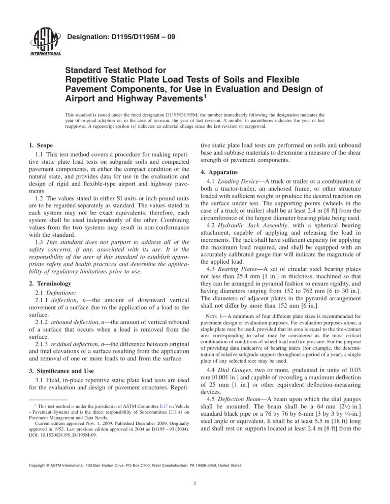 D1195: Static Plate Load Tests for Pavement Evaluation & Design