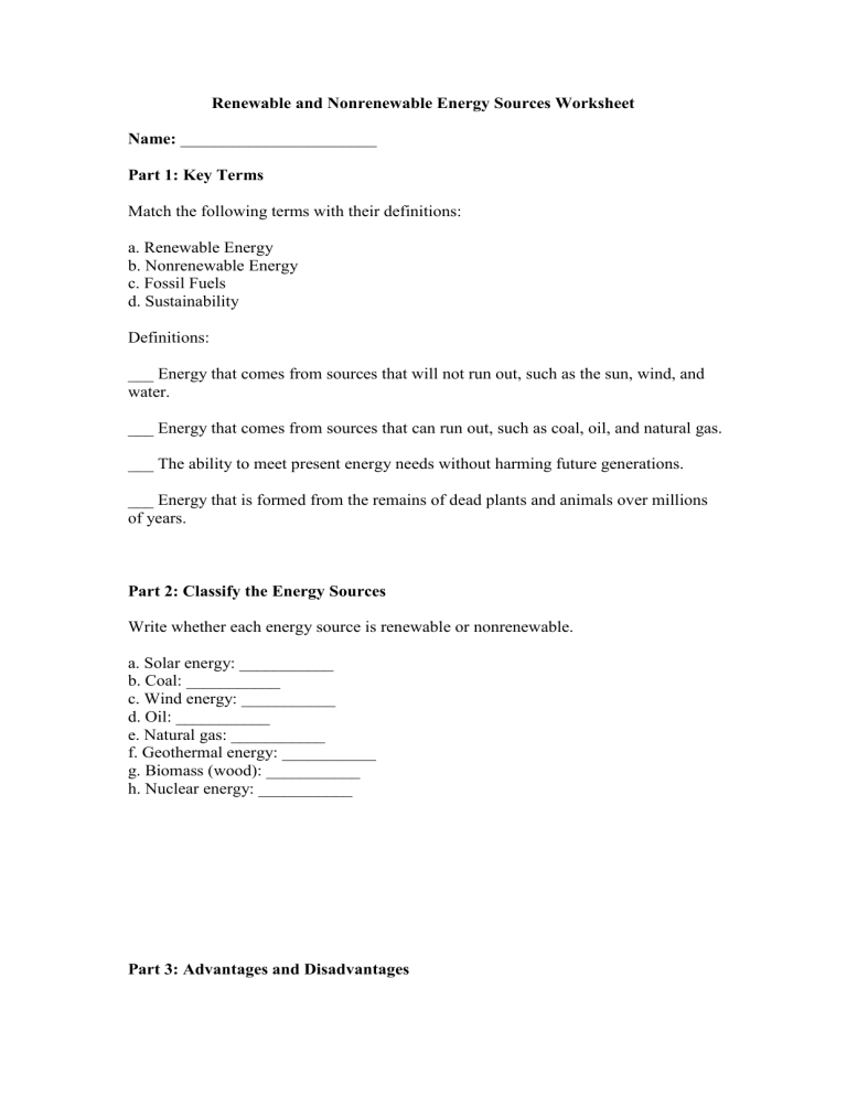Renewable & Nonrenewable Energy Worksheet
