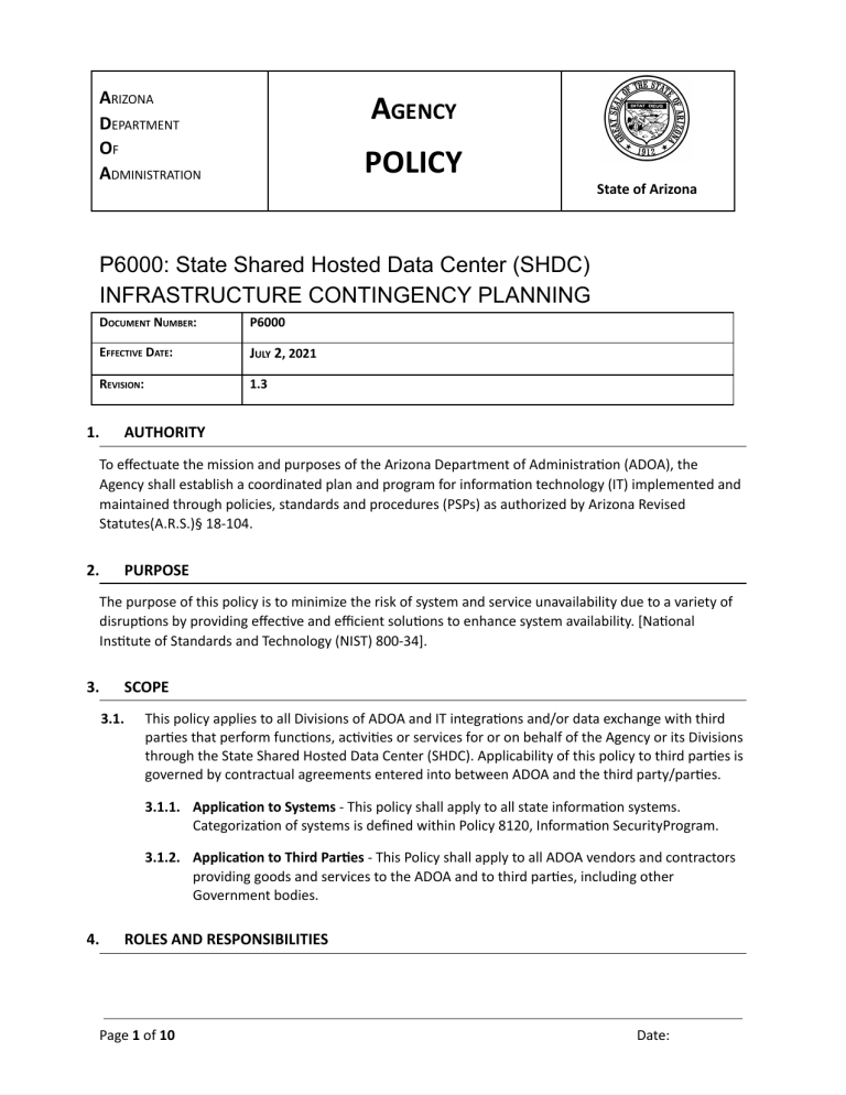 AZ ADOA SHDC Infrastructure Contingency Policy