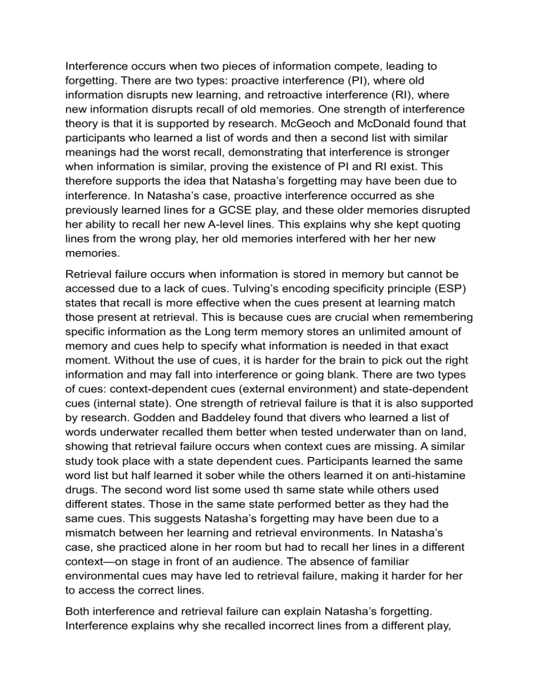 Interference & Retrieval Failure: Forgetting Theories