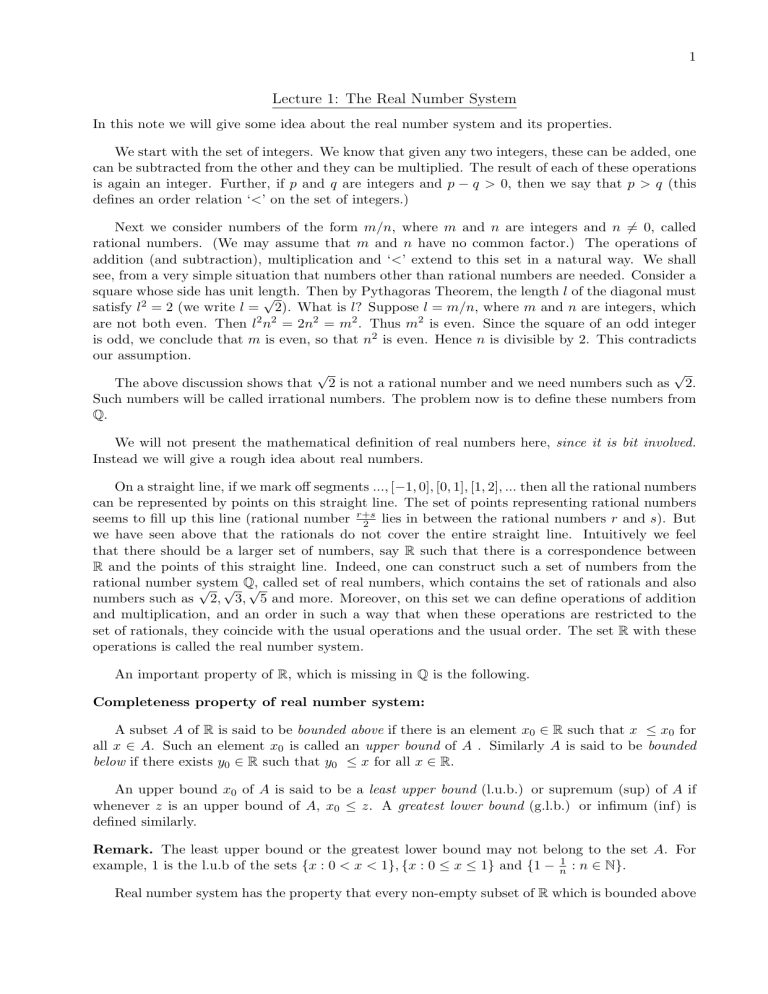 Real Number System: Lecture Notes on Completeness & Properties