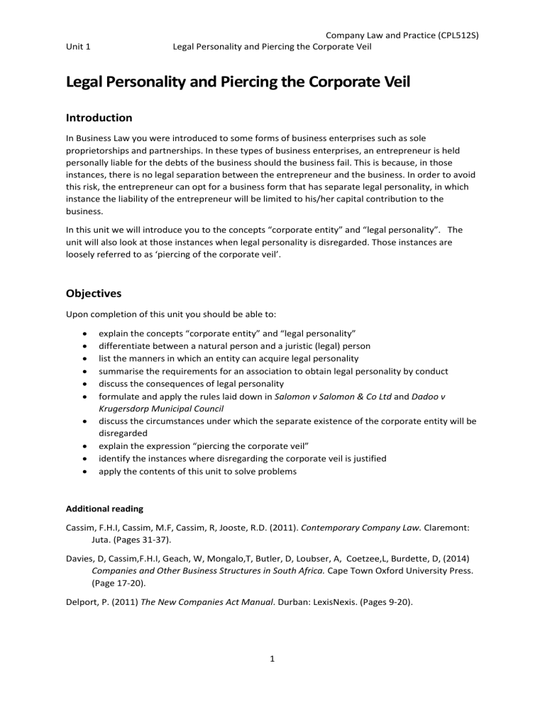 Legal Personality & Piercing the Corporate Veil - Company Law