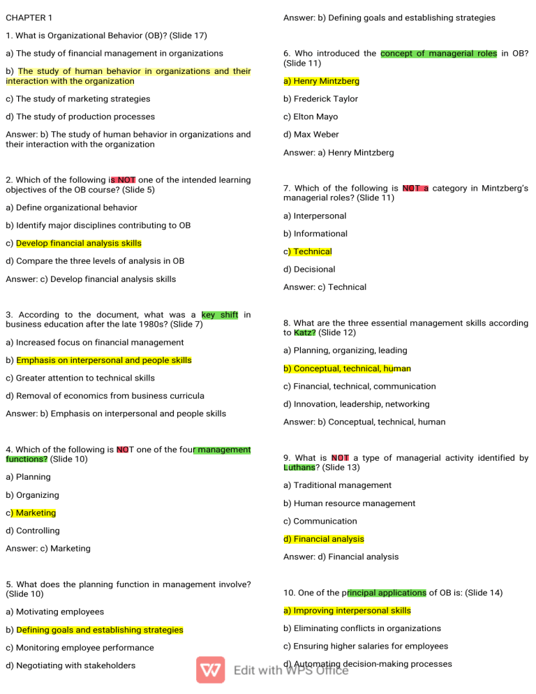 Organizational Behavior Exam Questions & Answers