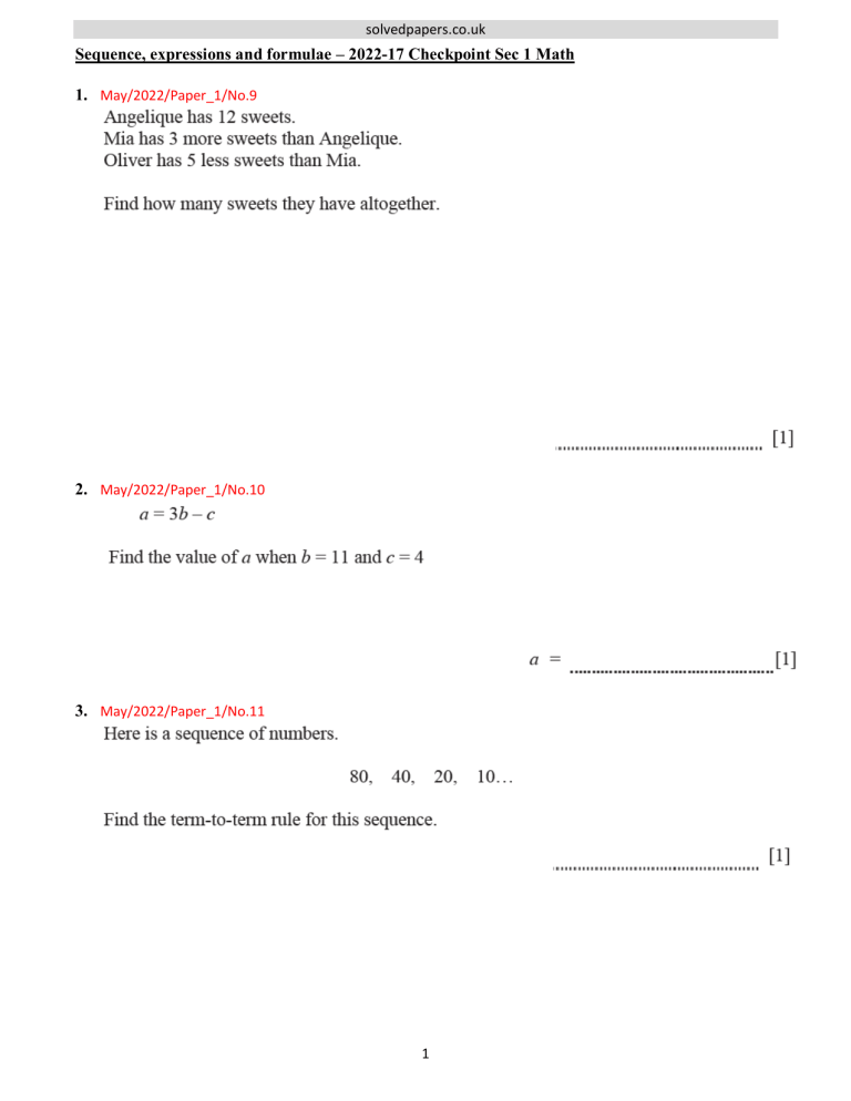 Sequences, Expressions, Formulae Checkpoint Math Questions