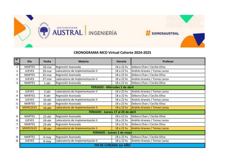 MCD Virtual Cohort 2024-2025 Course Schedule