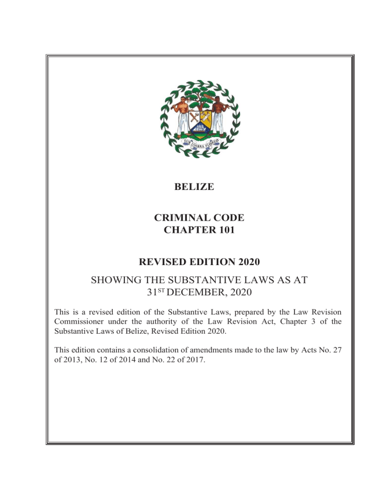 Belize Criminal Code, Revised Edition 2020