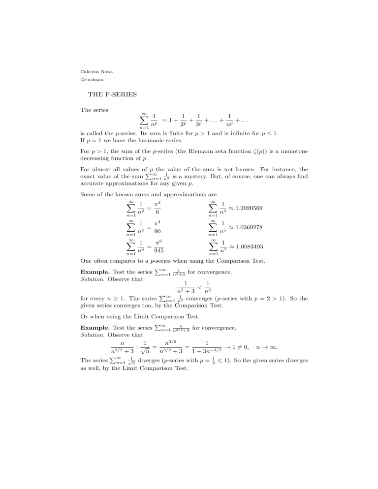 P-Series Calculus Notes: Convergence and Comparison Tests