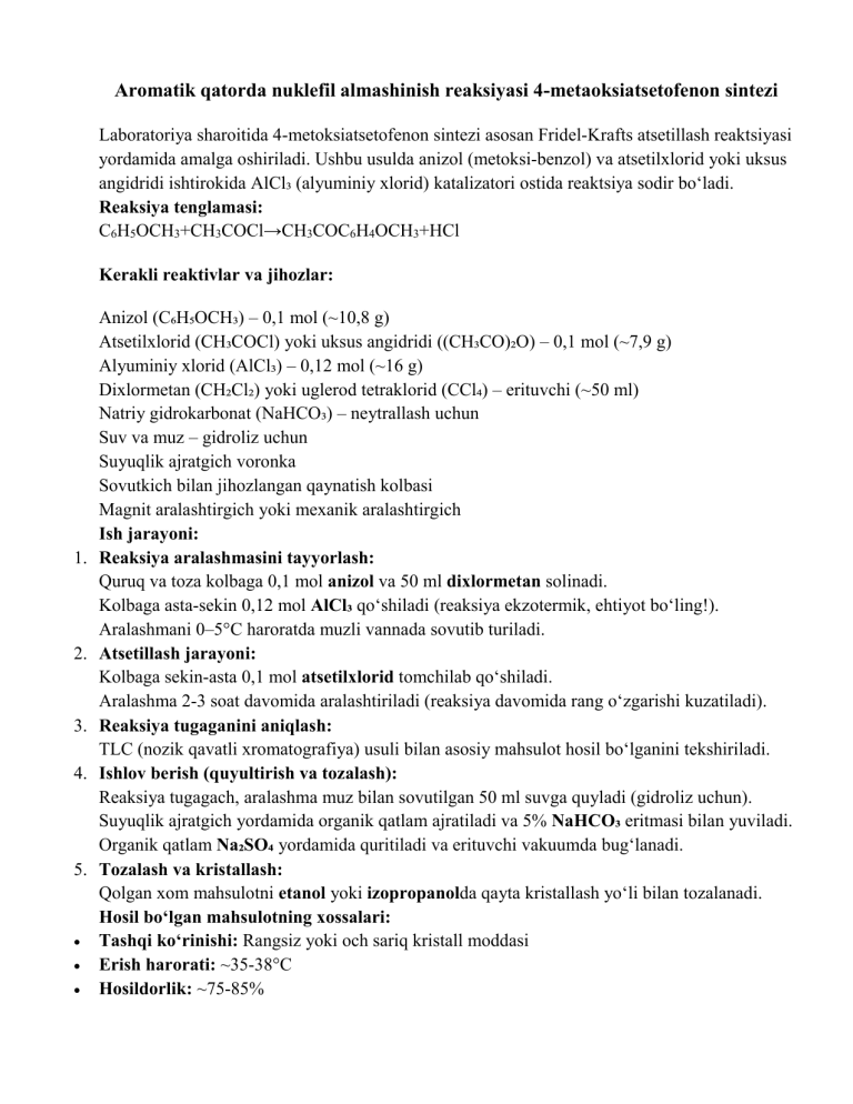 4-Metoksiatsetofenon sintezi: Laboratoriya protokoli