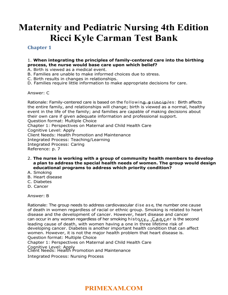 Maternity & Pediatric Nursing Test Bank - Chapter 1