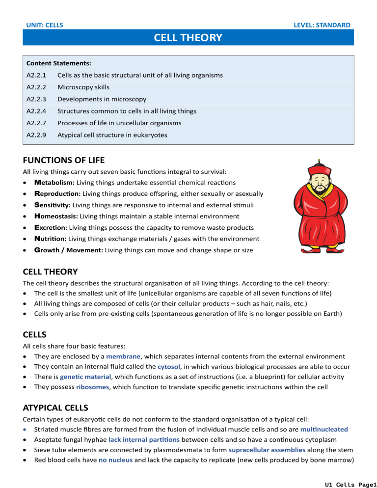 Cell Theory & Cell Structure Study Guide
