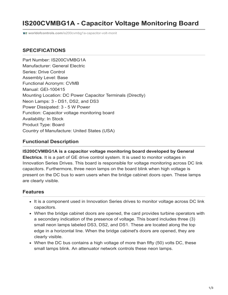 IS200CVMBG1A Capacitor Voltage Monitoring Board Datasheet