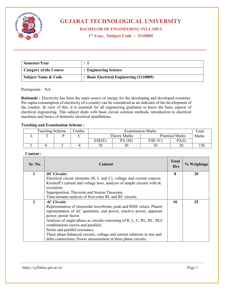 Basic Electrical Engineering Syllabus - GTU 1st Year