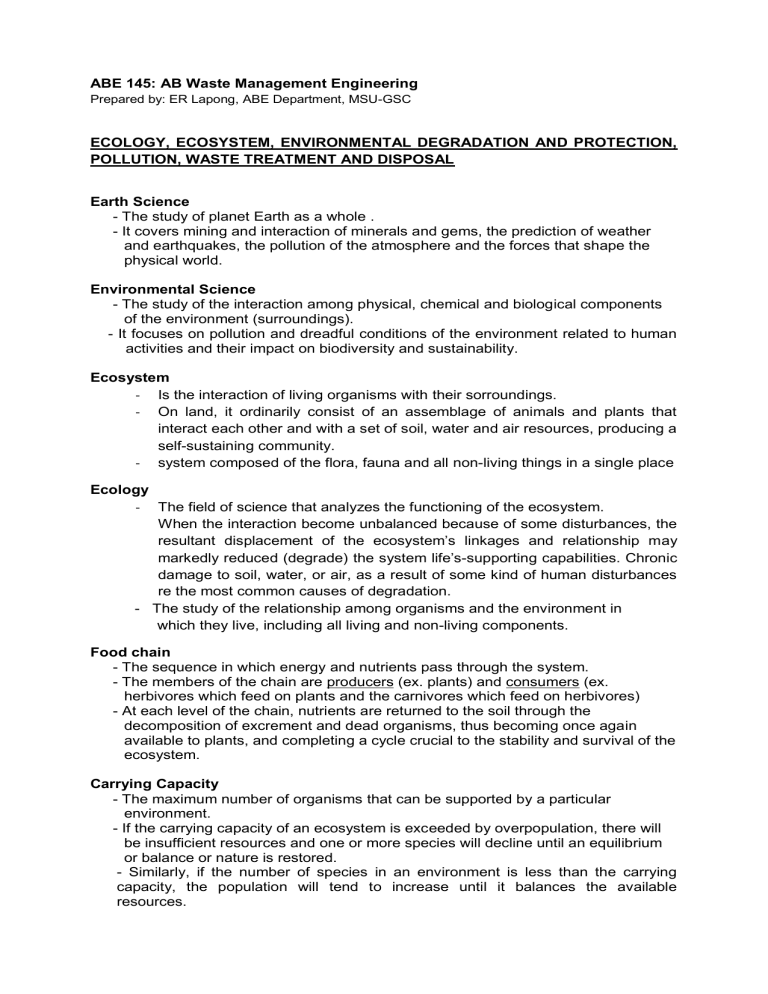 Waste Management Engineering: Ecology & Pollution