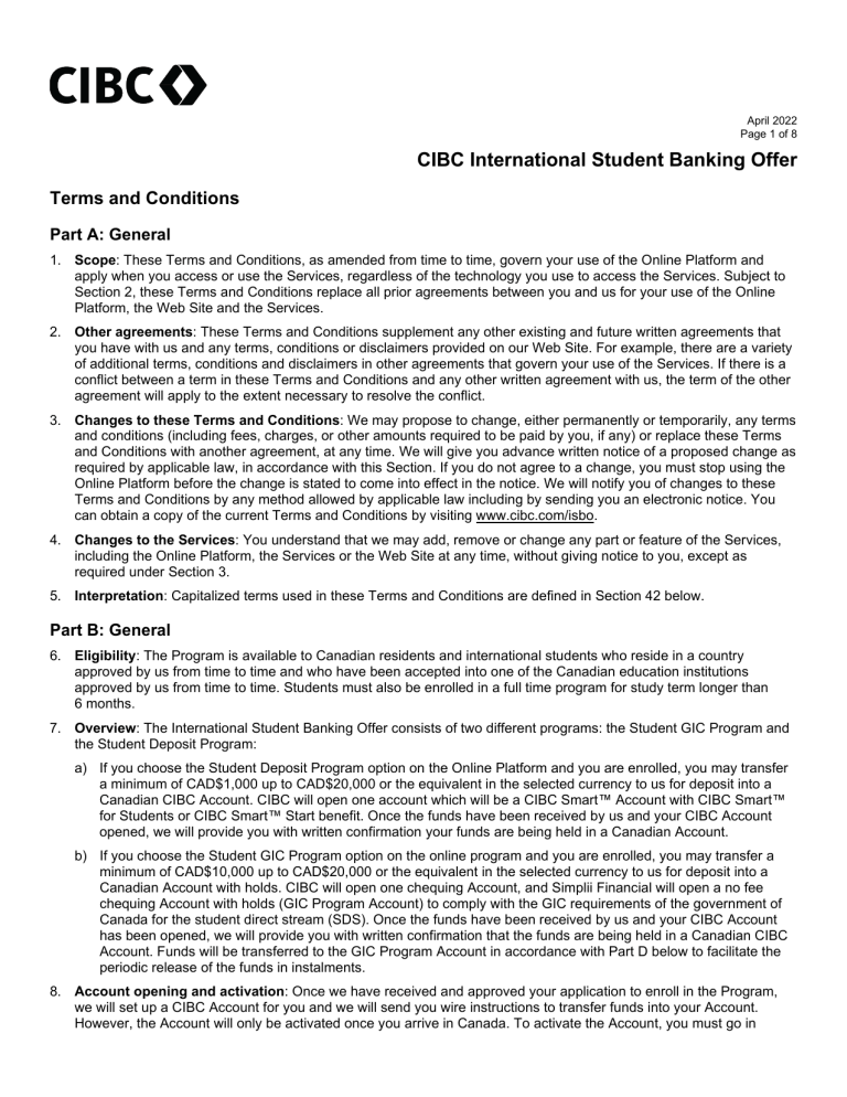 CIBC International Student Banking Offer Terms & Conditions