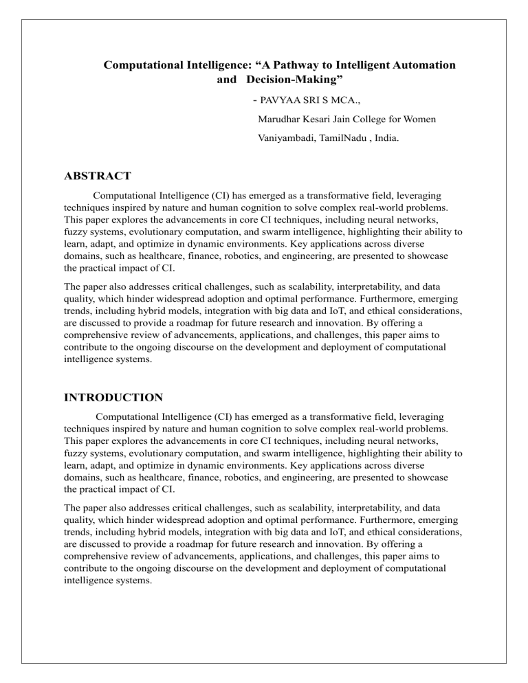 Computational Intelligence: Automation & Decision-Making