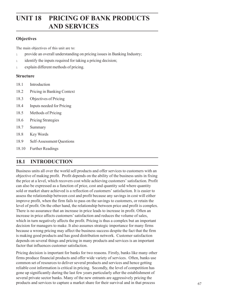 Pricing Bank Products & Services: Unit 18 Overview
