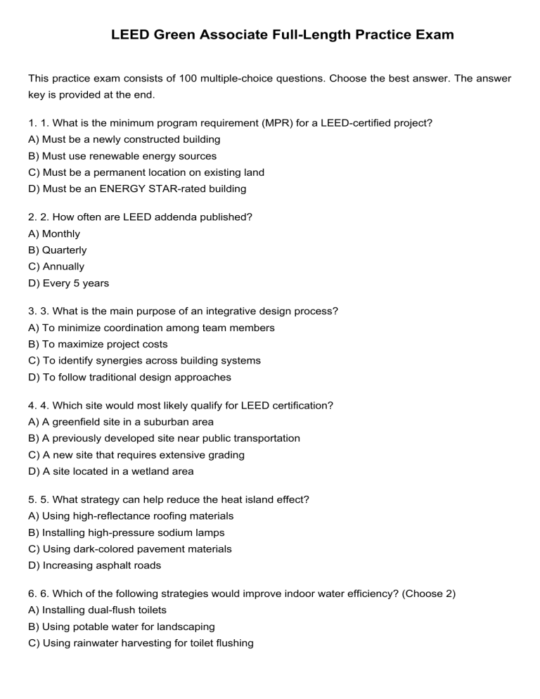 LEED Green Associate Practice Exam - 100 Questions
