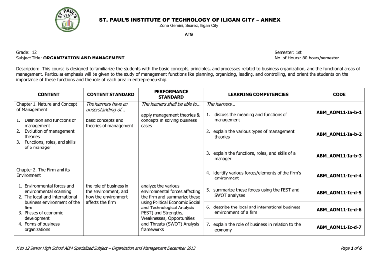 Organization & Management Grade 12 Syllabus