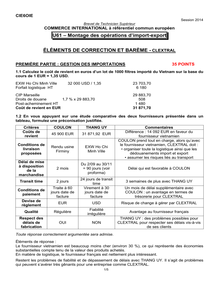 Examen Opérations Import-Export & Corrigé - Commerce International