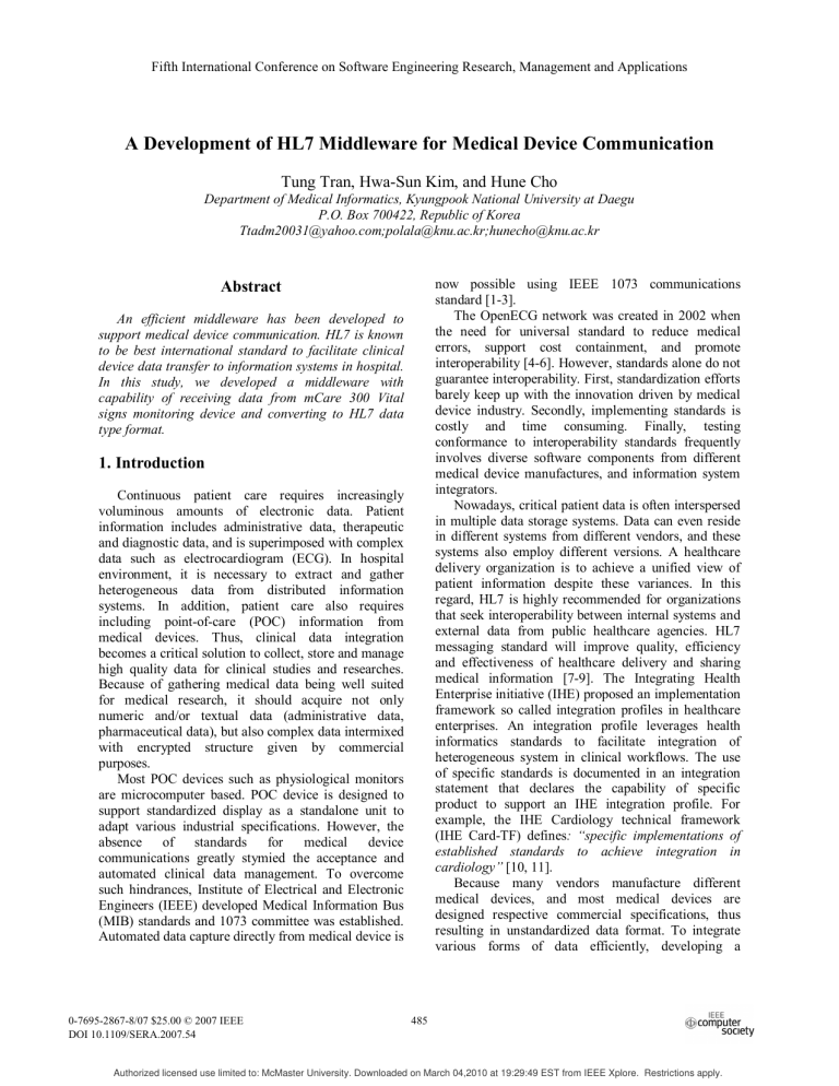 HL7 Middleware for Medical Device Communication