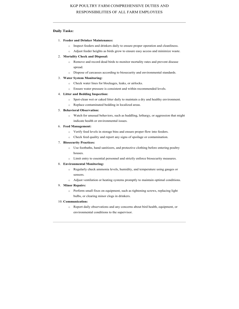 Poultry Farm Employee Duties & Responsibilities