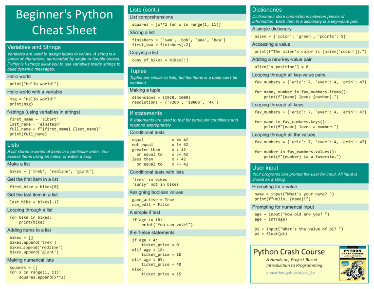 Beginner's Python Cheat Sheet